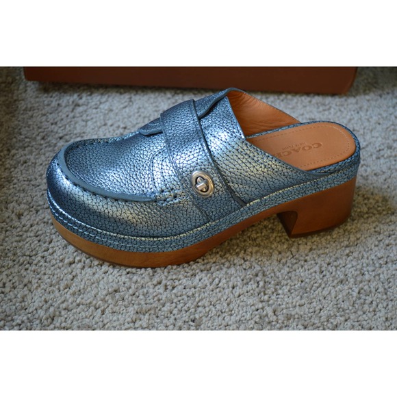 Coach | Shoes | New Coach Turnlock Mid Heel Clog Shoes Metallic Blue 5 ...